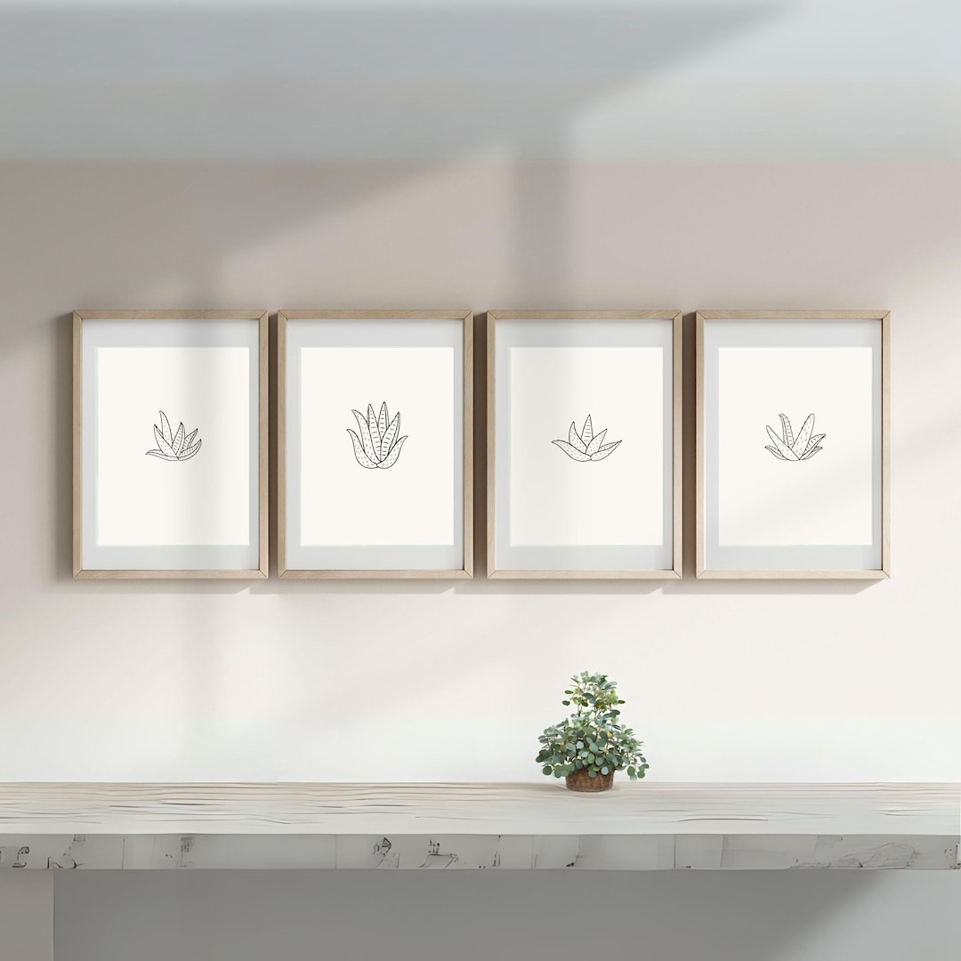 Minimalist Succulent Line Art Set of 4, Sage Green Wall Art, Aloe Vera ...
