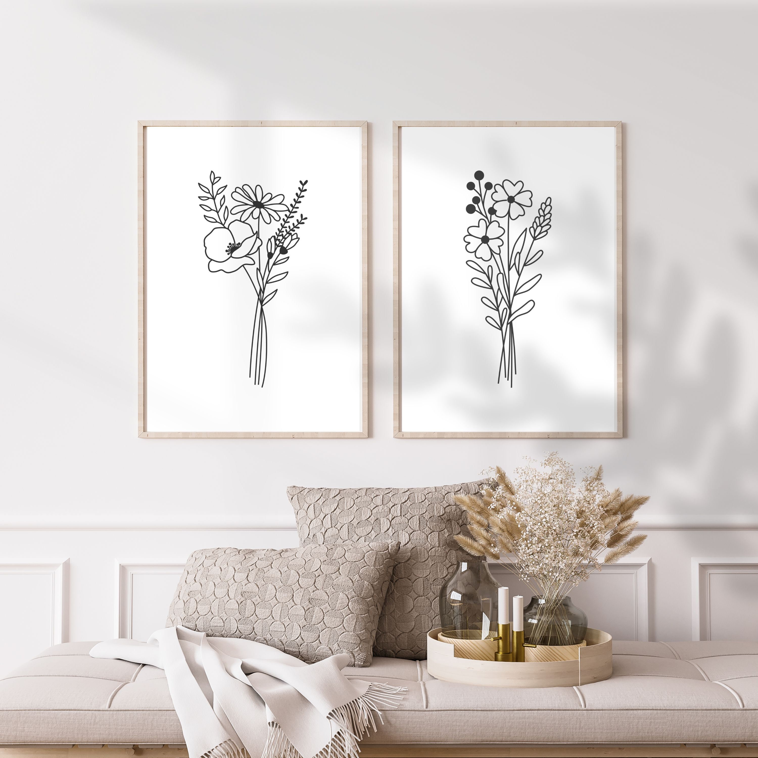 Large Minimal Floral Bouquet Set of 3 Prints, Modern Minimal Wall Decor ...