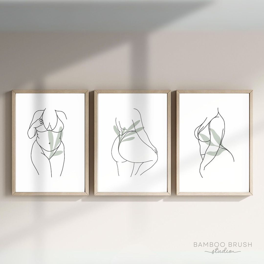 Curvy Woman Floral Line Art Set of 3, Body Positive Art, Naked Plus ...