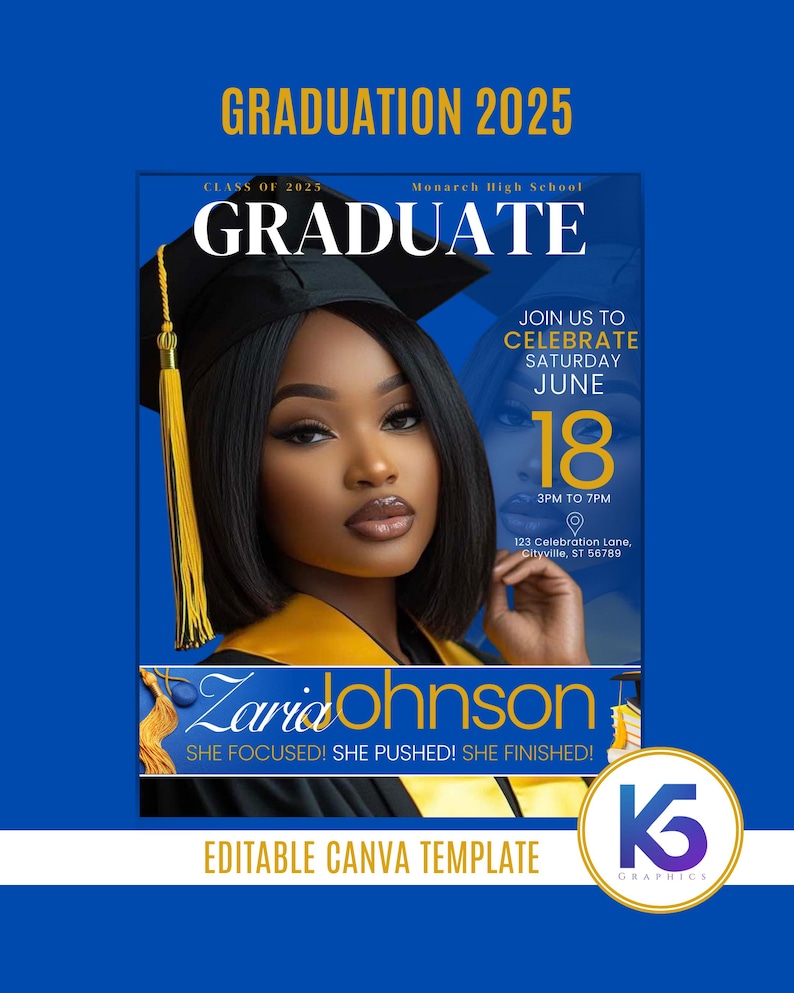 Class of 2025 Graduation Party Invitation: Blue & Gold Canva Template ...