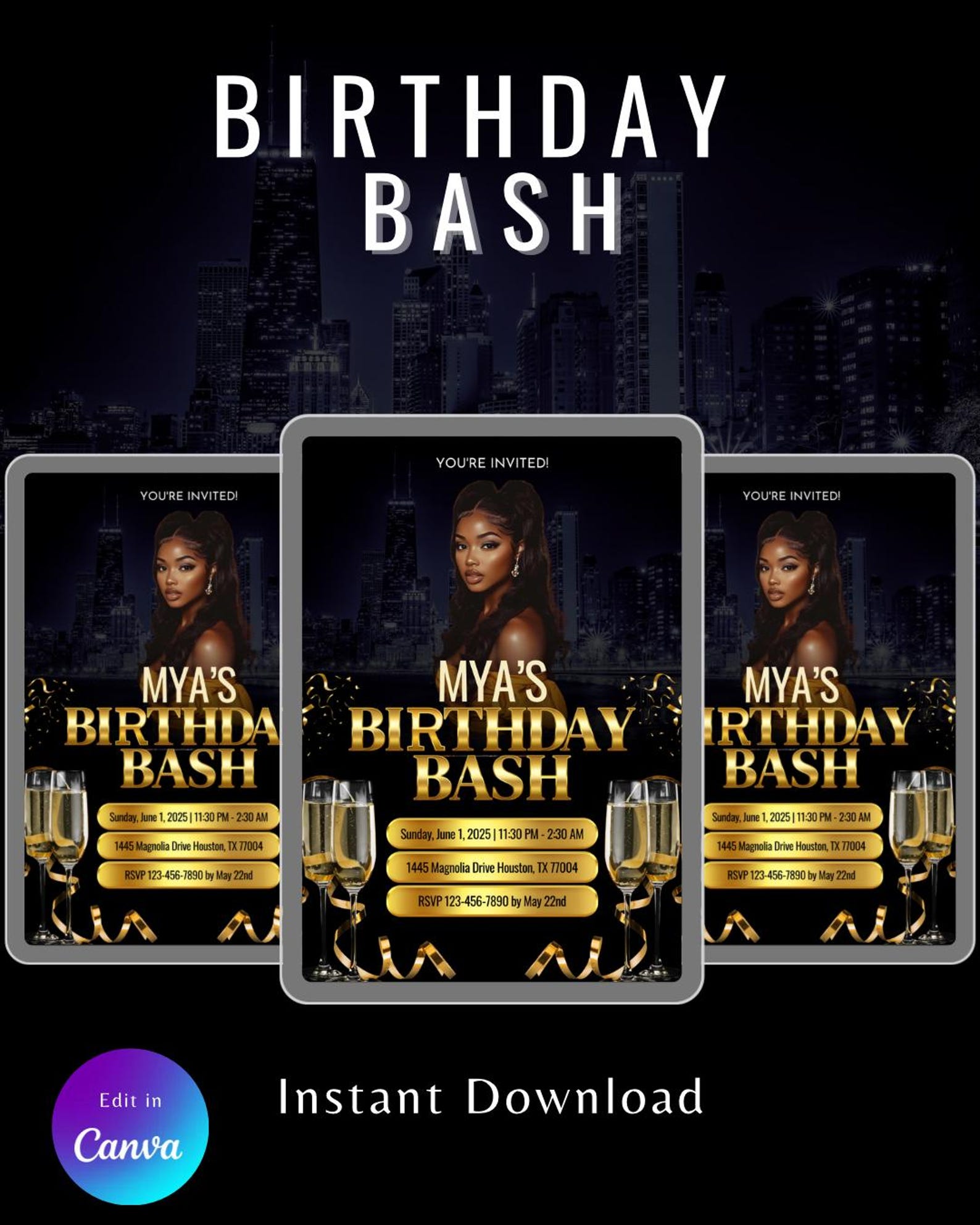 Luxury Birthday Bash Invitation Template | Editable Black & Gold Party ...