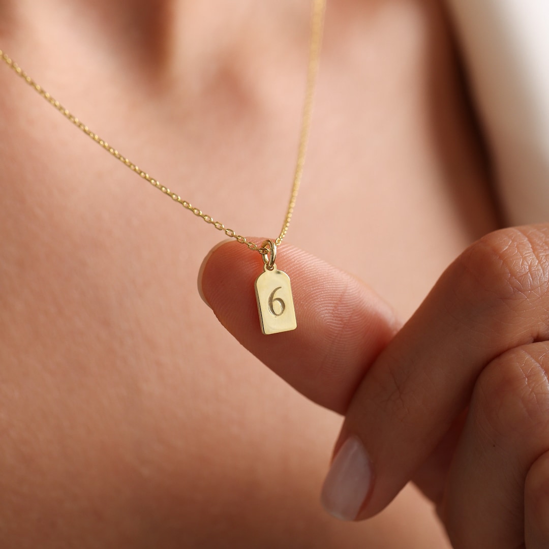 Engraved Number Tag Necklace, Personalized Gold Angel Number Necklace ...