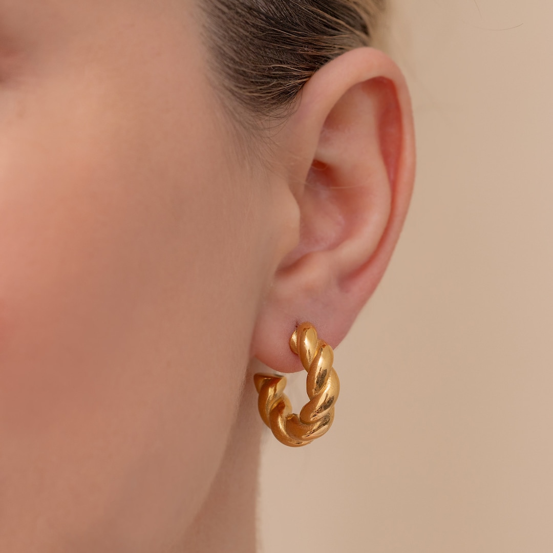 18K Gold Dainty Twisted C- Hoops Earrings for Women, Delicate Twist Studs, Elegant Huggie ...