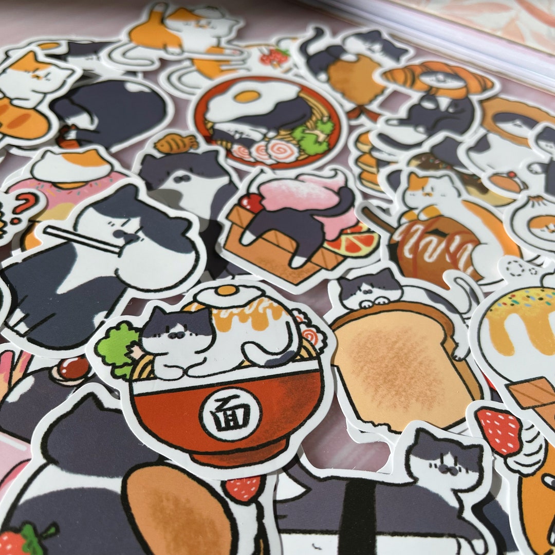 Chubby Cat Sticker Pack,kawaii Kitten Matte Stickers, Greedy Cat Food ...