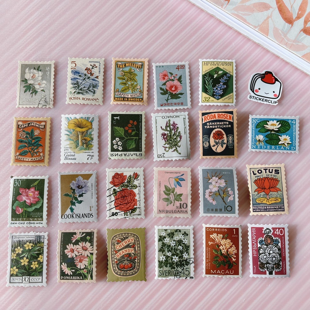 Vintage Flower Stamp Matte Sticker , Retro Postage Plant Stamp Sticker ...