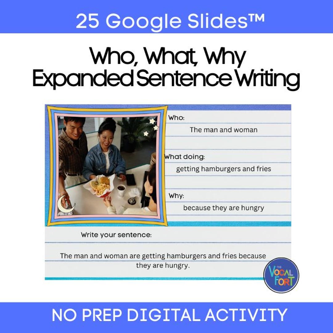 Expanded Sentence Writing Google Slides™ | Who What Why Prompts | Real ...