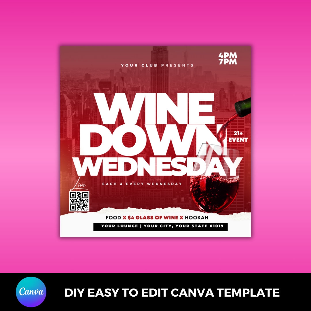 Wine Wednesday Club Lounge Bar Happy Hour Diy Easy to Edit Social Media ...