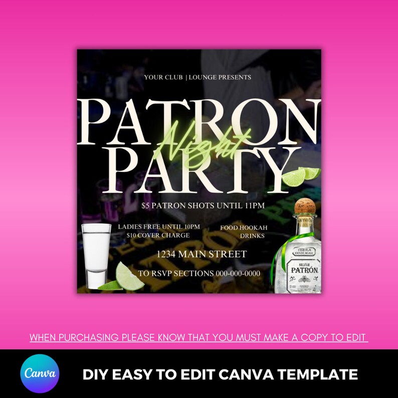 Patron Party Night Birthday Club Lounge Flyer Happy Hour DIY Social ...