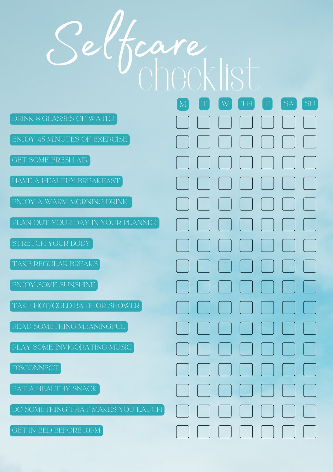 Printable Selfcare Checklist - Etsy