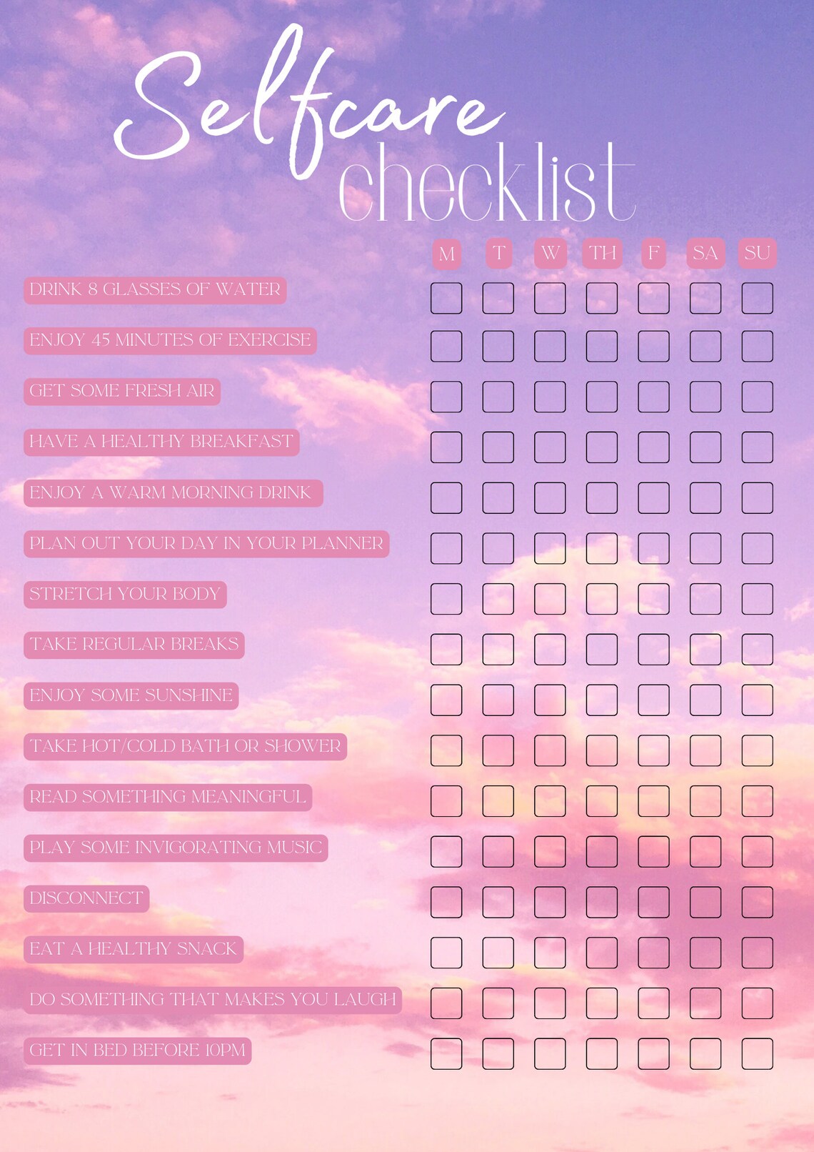 Printable Selfcare Checklist - Etsy