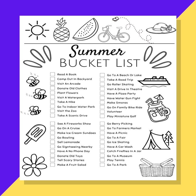 Summer Bucket List, Summer Break Bucket List Template, Summer ...