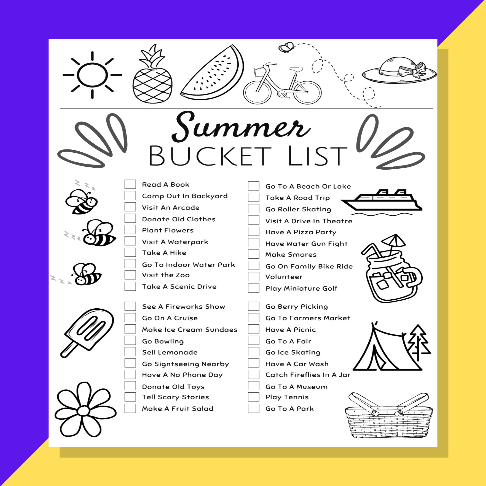 Summer Bucket List, Summer Break Bucket List Template, Summer ...