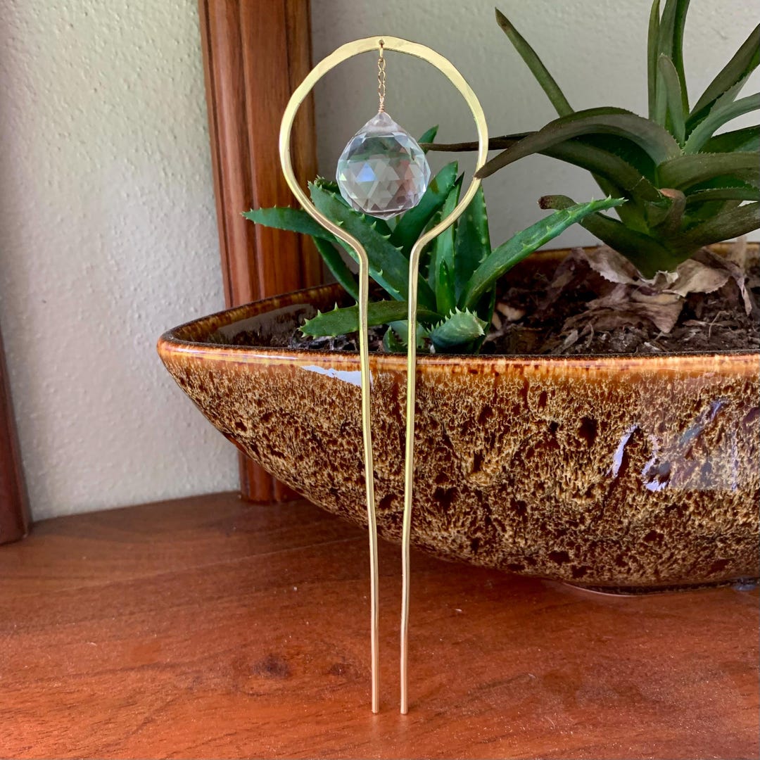 Hammered Brass Plant Stake: Crystal Suncatcher, Boho Garden Decor - Etsy