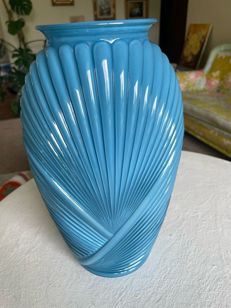 Vintage Anchor Hocking French Blue 12.75 Art Deco Style Ribbed Draped ...