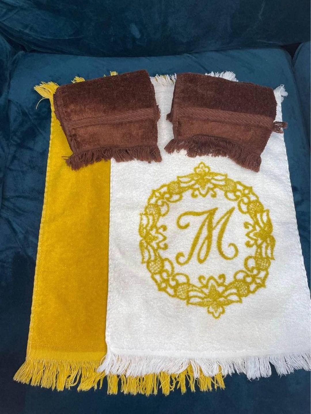 4 Vintage Hand Towels Brown Mustard Yellow Cannon Towel Set - Etsy
