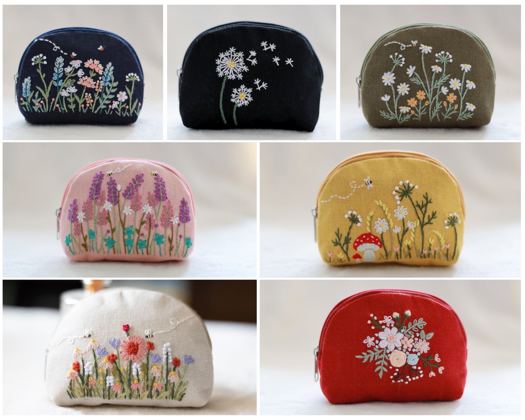 Hand Embroidered Coin Purse With Flower Embroidery, Earphone Case ...