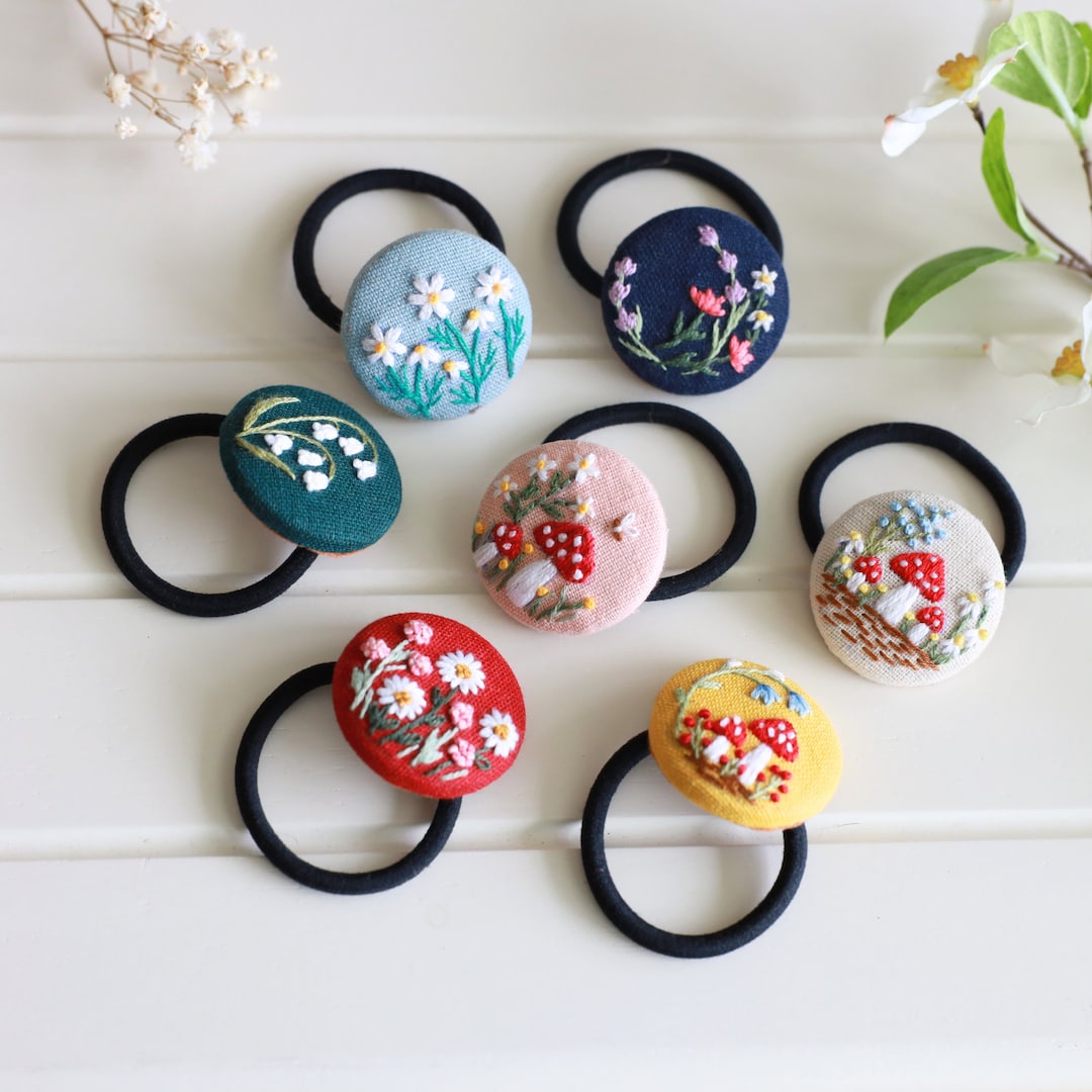 Floral Embroidered Button Hair Tie, Cute Linen Hair Elastic With Flower ...