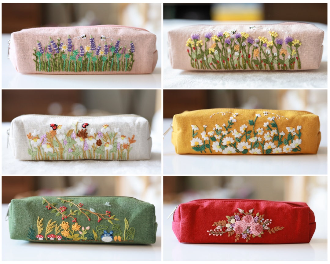 Hand Embroidered Pencil Case With Flower Embroidery - Etsy