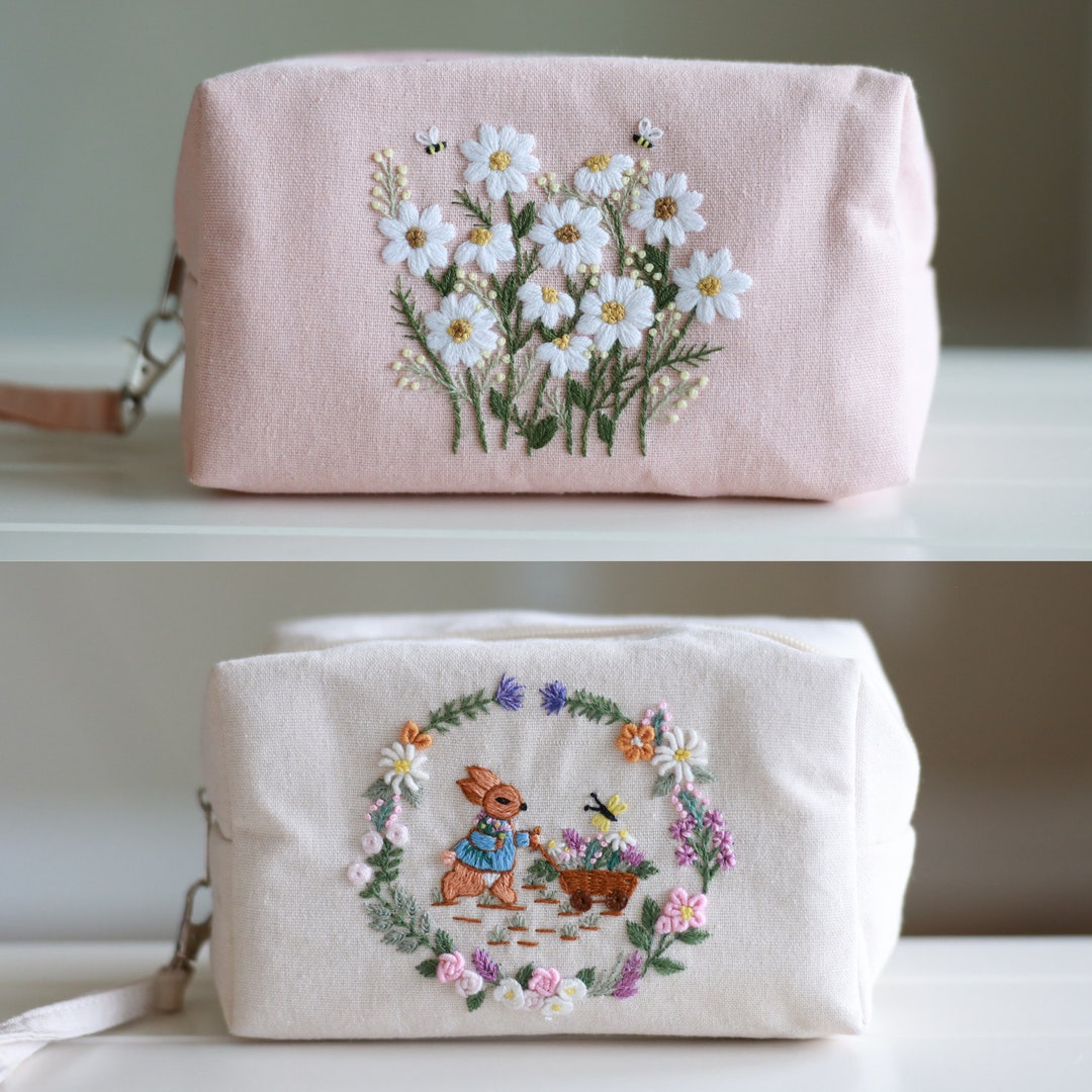 Hand Embroidered Makeup Bag With Flower Embroidery, Floral Cosmetic Bag ...