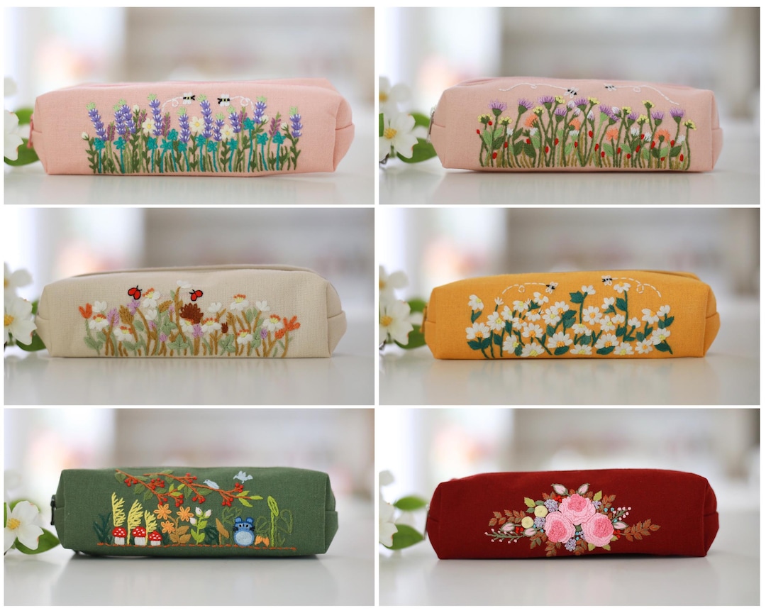 Hand Embroidered Pencil Case With Flower Embroidery, Pen Case, Floral ...