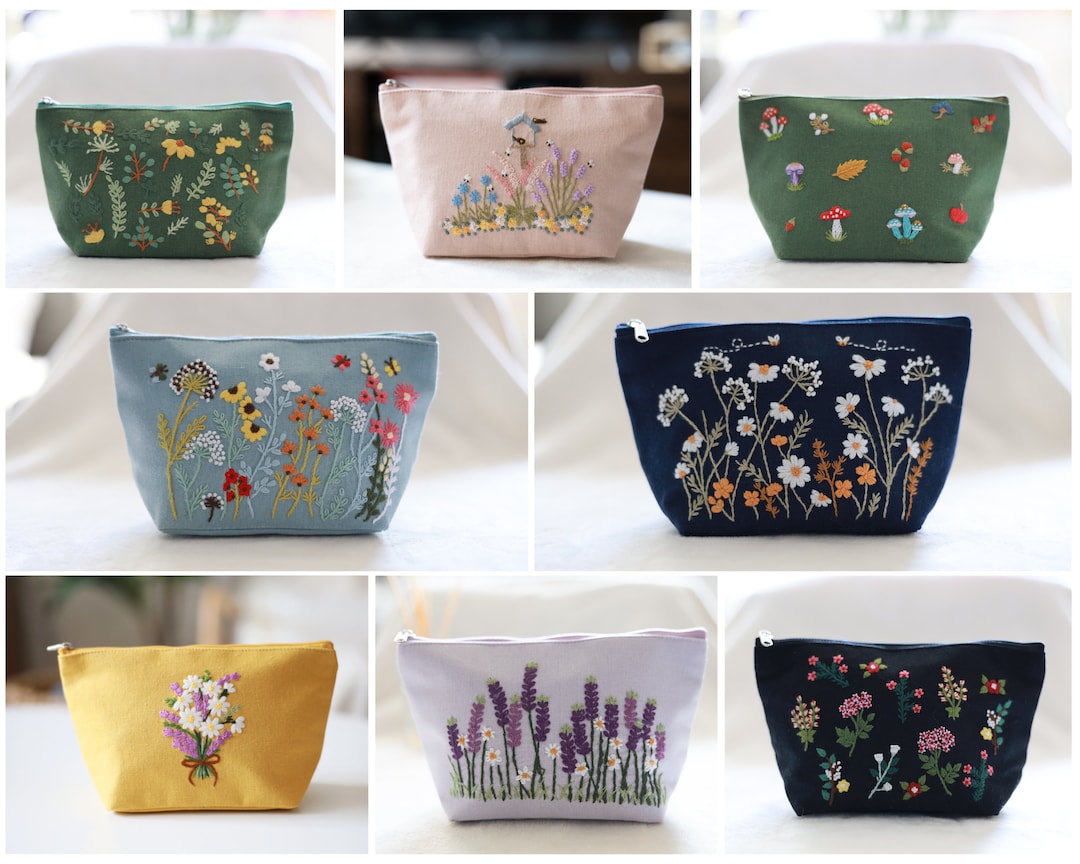 Hand Embroidered Makeup Bag With Flower Embroidery, Floral Cosmetic Bag ...