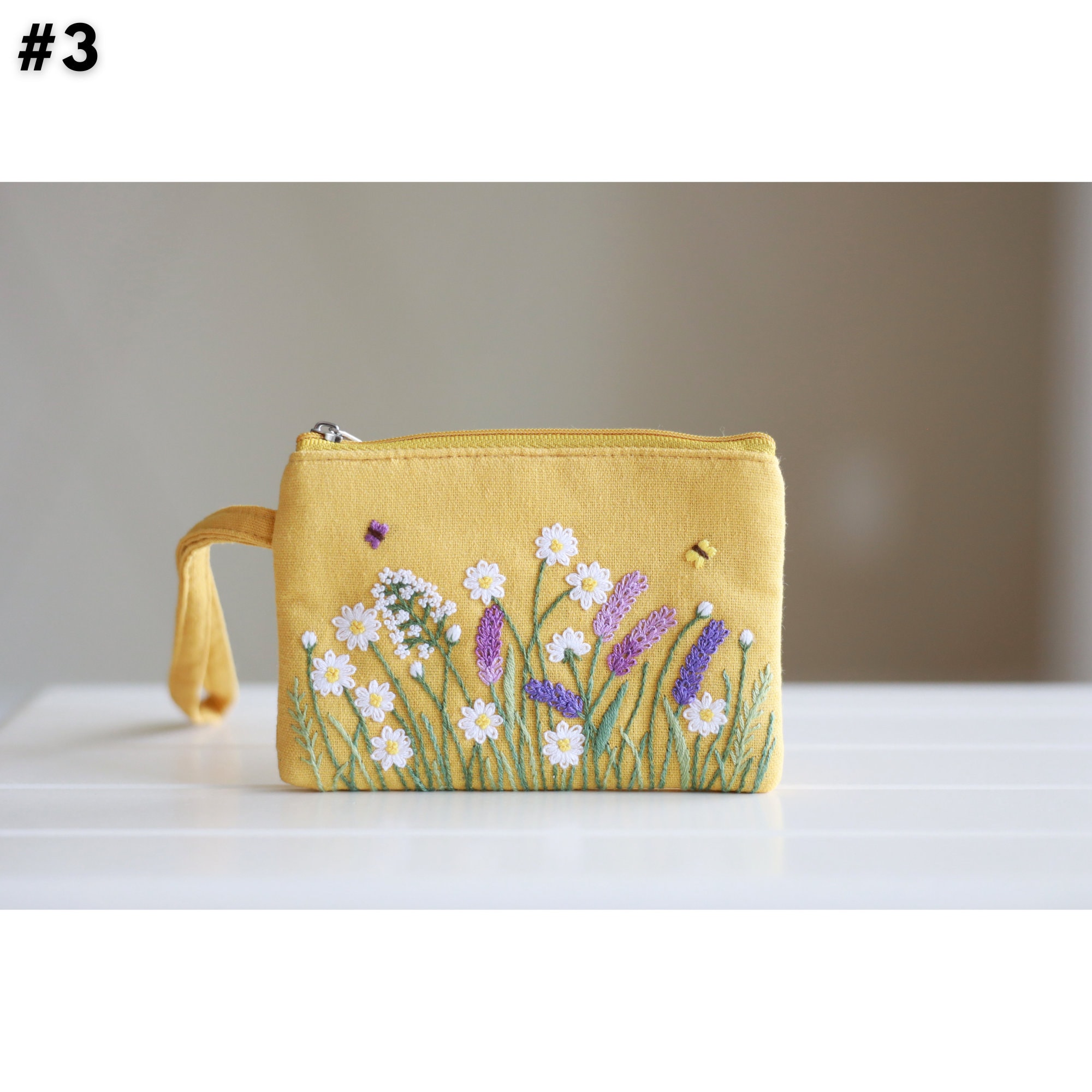 Hand Embroidered Coin Purse Wristlet With Flower Embroidery, Linen ...