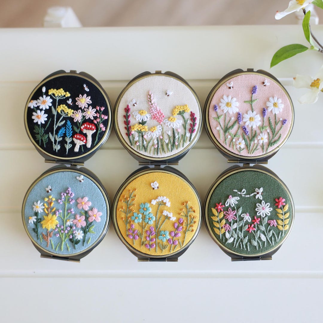 Floral Embroidered Jewelry Box With Mirror, Handcrafted Small Linen ...