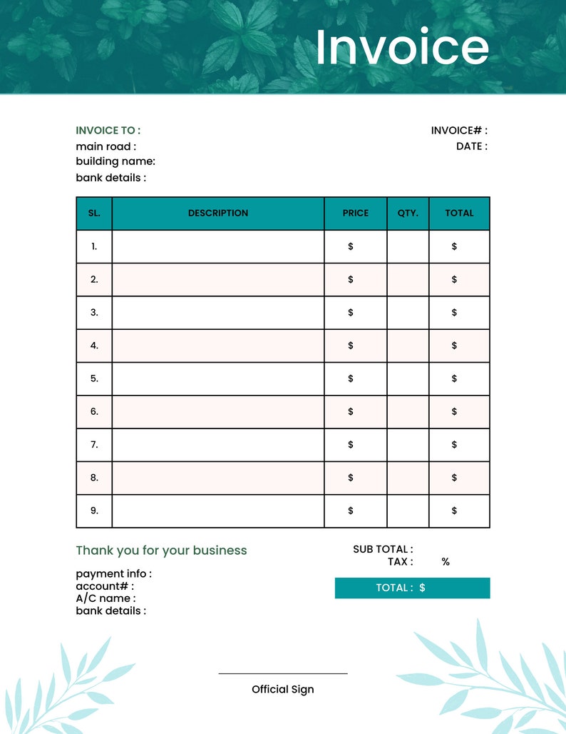 Green Modern Invoice Template - Instant Download for Easy Billing ...