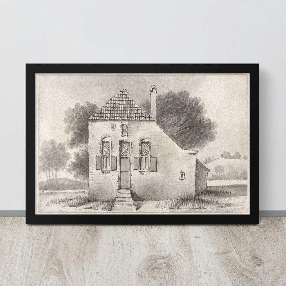 Vintage House Drawing | Antique Architecture Art | Farmhouse Print ...