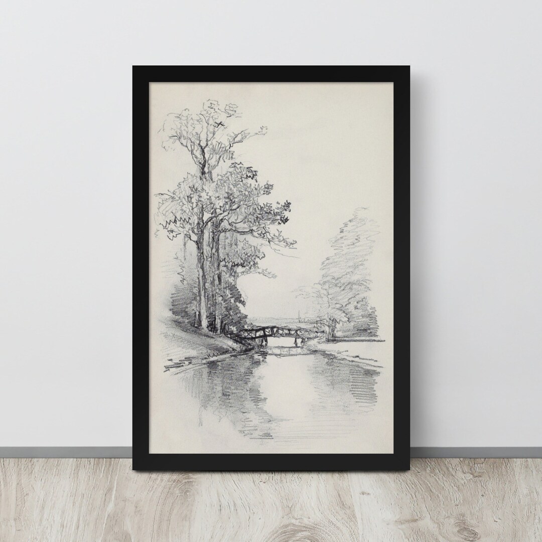 Vintage Tree Landscape Sketch | Antique Bridge Drawing | Rustic Country ...