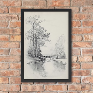 Vintage Tree Landscape Sketch | Antique Bridge Drawing | Rustic Country ...