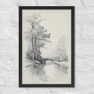 Vintage Tree Landscape Sketch | Antique Bridge Drawing | Rustic Country ...