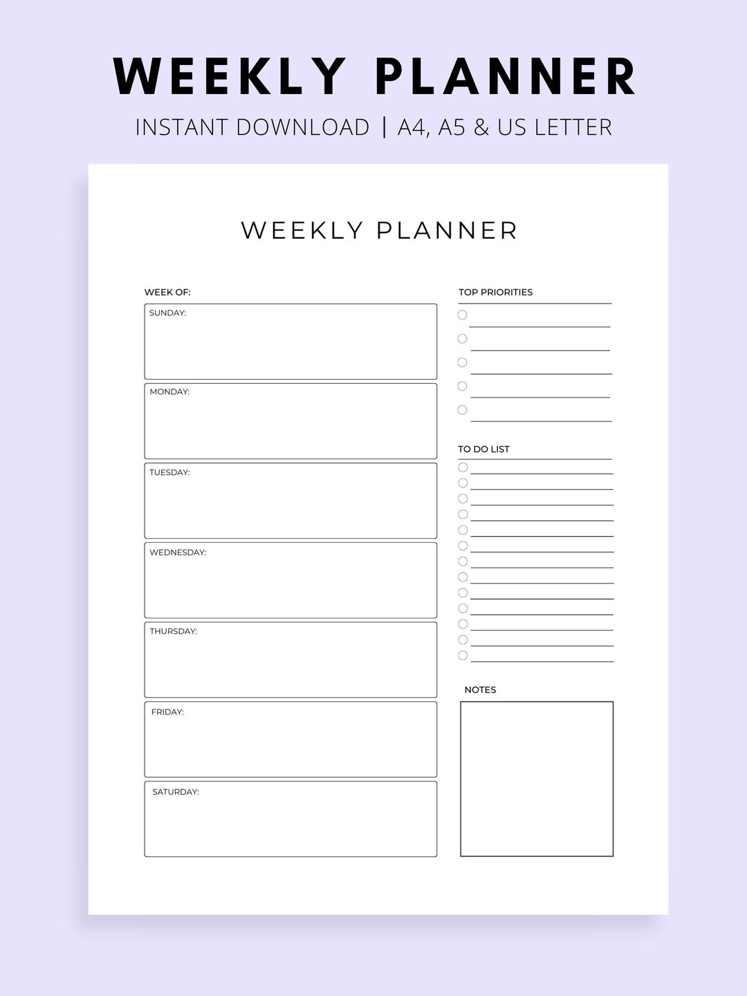 Simple Weekly Planner, Weekly to Do List, Weekly Planner PDF, Weekly ...