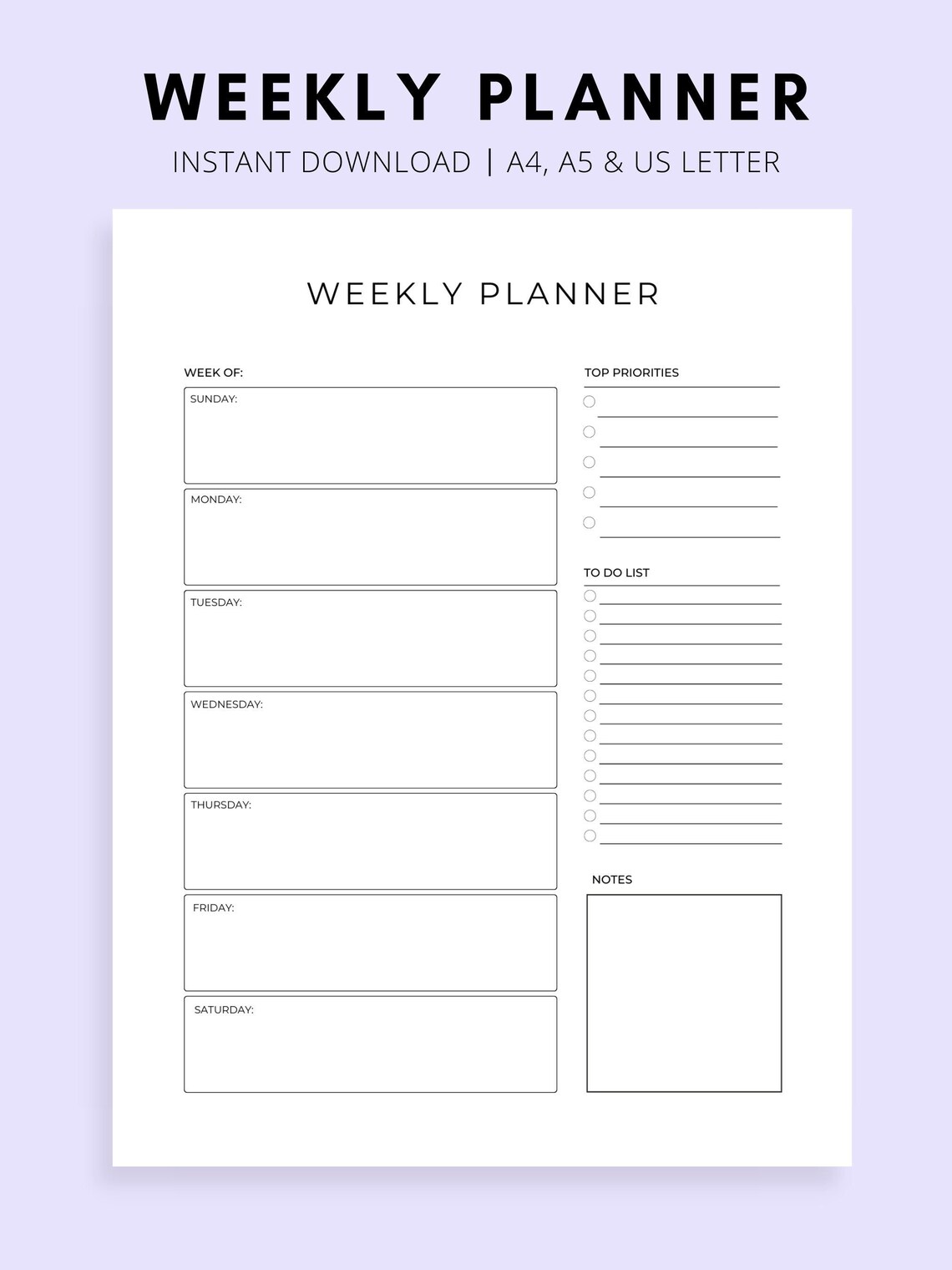 Simple Weekly Planner, Weekly to Do List, Weekly Planner PDF, Weekly ...