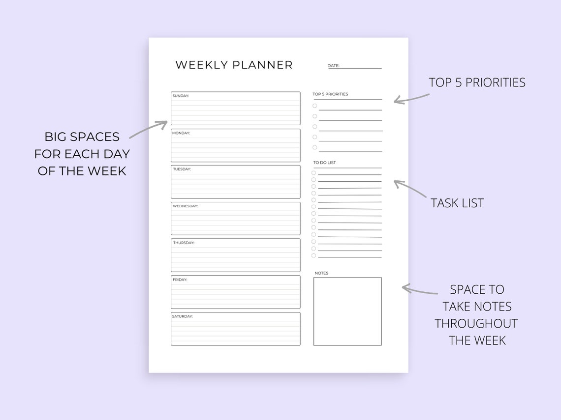 Simple Weekly Planner, Weekly to Do List, Weekly Planner PDF, Weekly ...