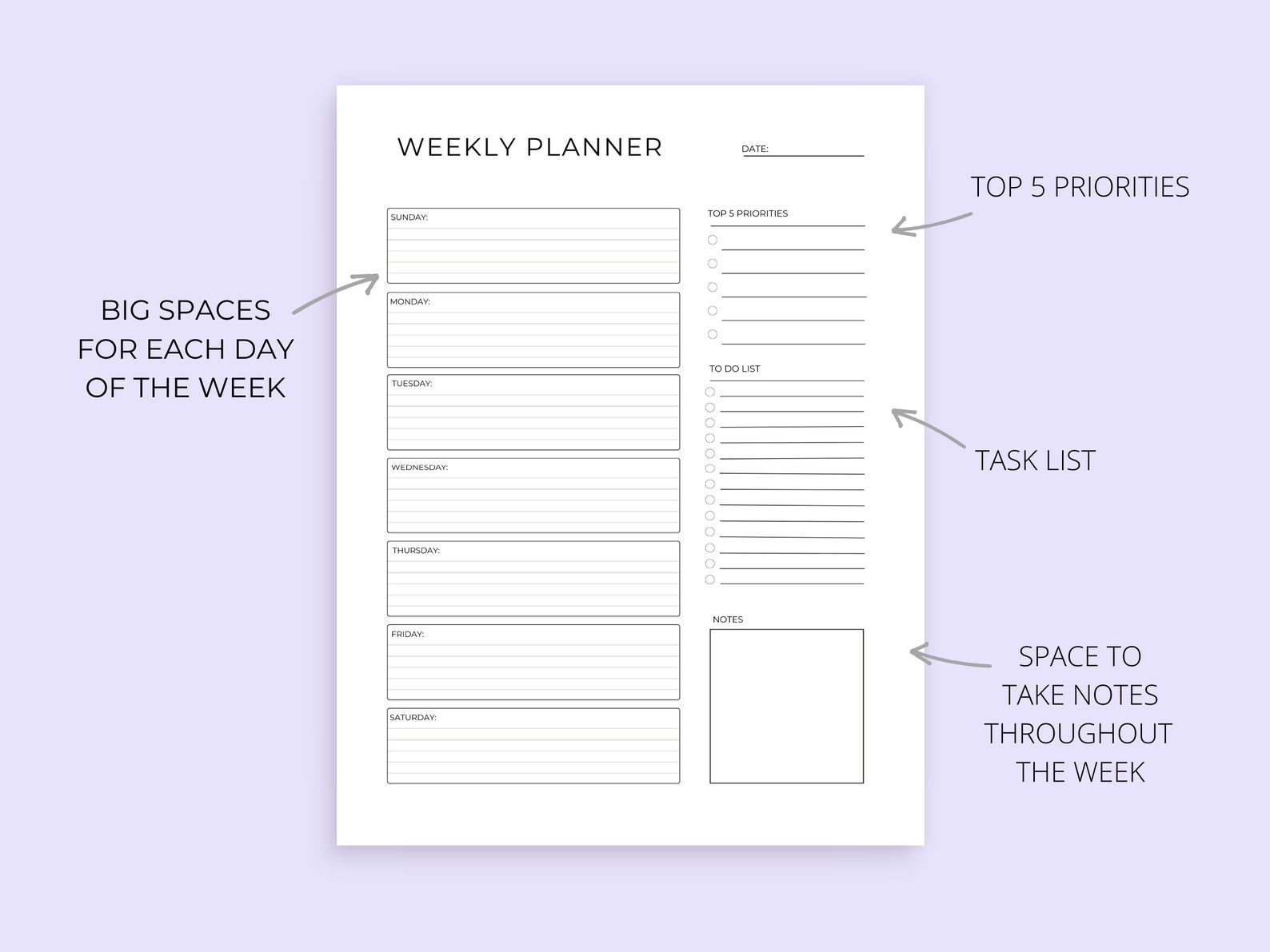 Simple Weekly Planner, Weekly to Do List, Weekly Planner PDF, Weekly ...