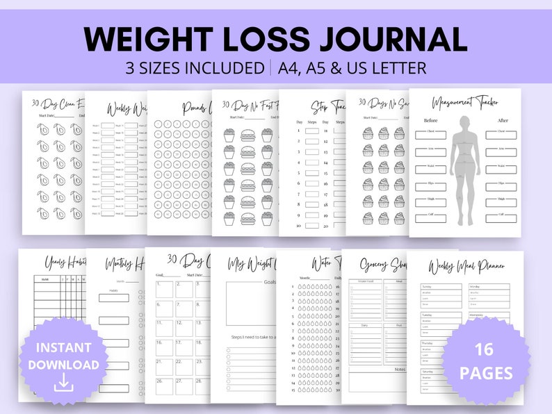 Weight Loss Tracker, Weight Loss Journal, Habit Tracker, Weekly Meal ...