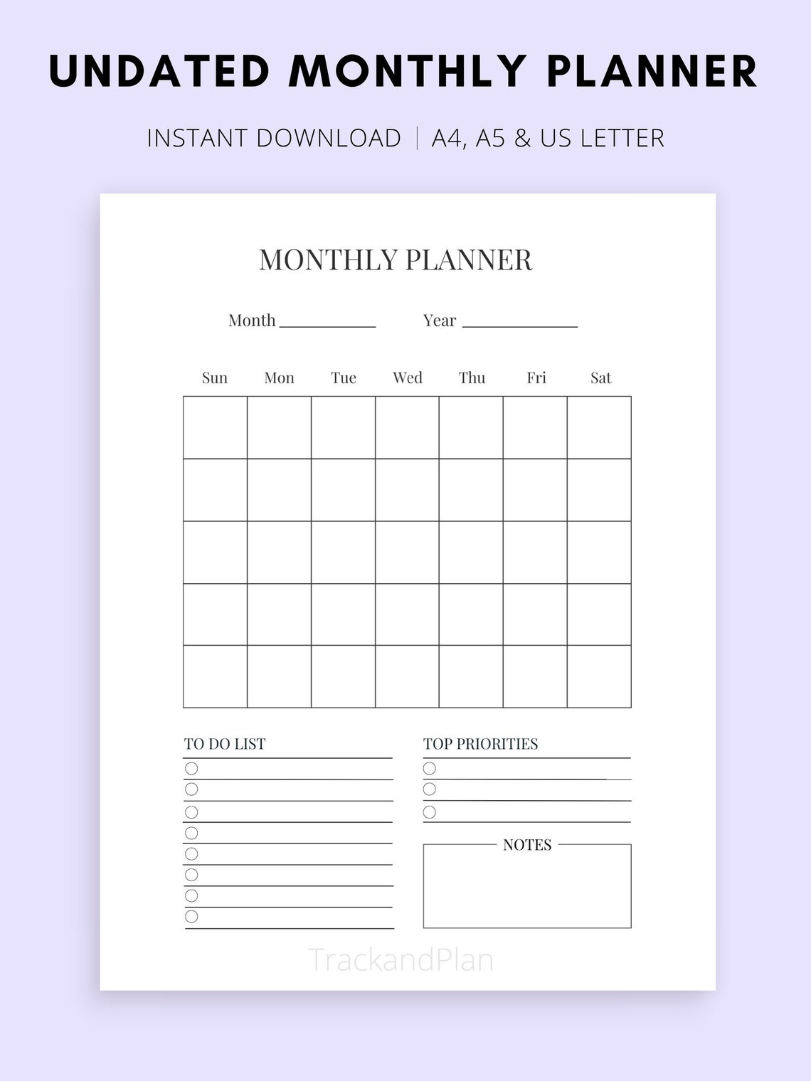 Undated Monthly Planner Printable, Minimal Planner, Blank Monthly ...