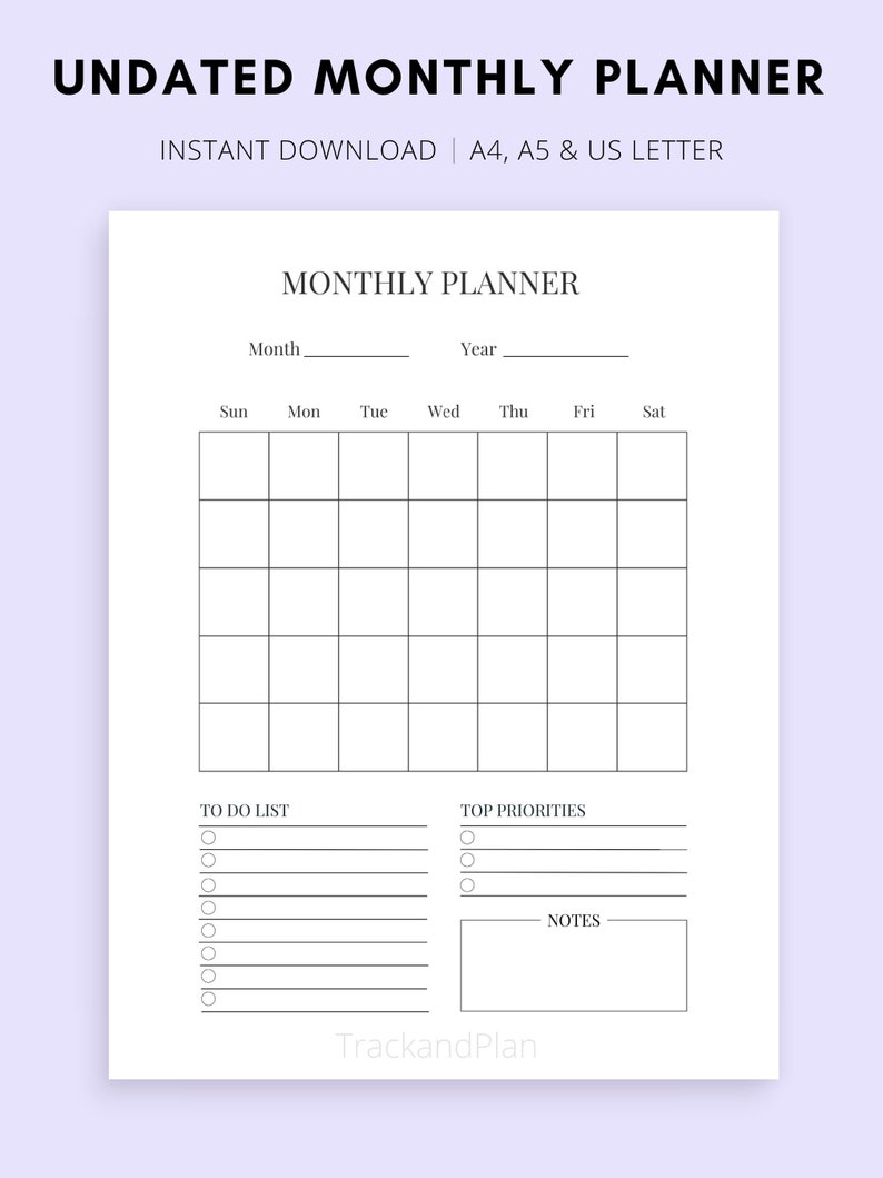 Undated Monthly Planner Printable, Minimal Planner, Blank Monthly ...