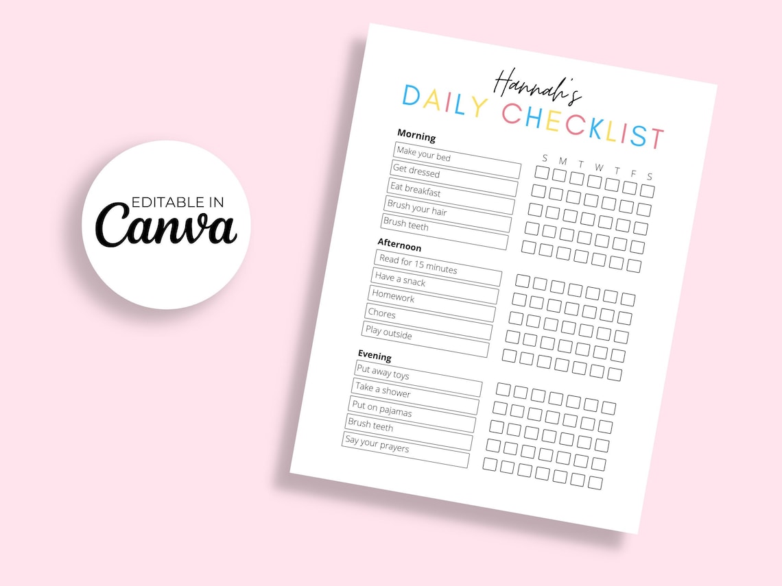 Kids Daily Checklist, Chore Chart for Kids, Editable Chore Chart, Chore ...