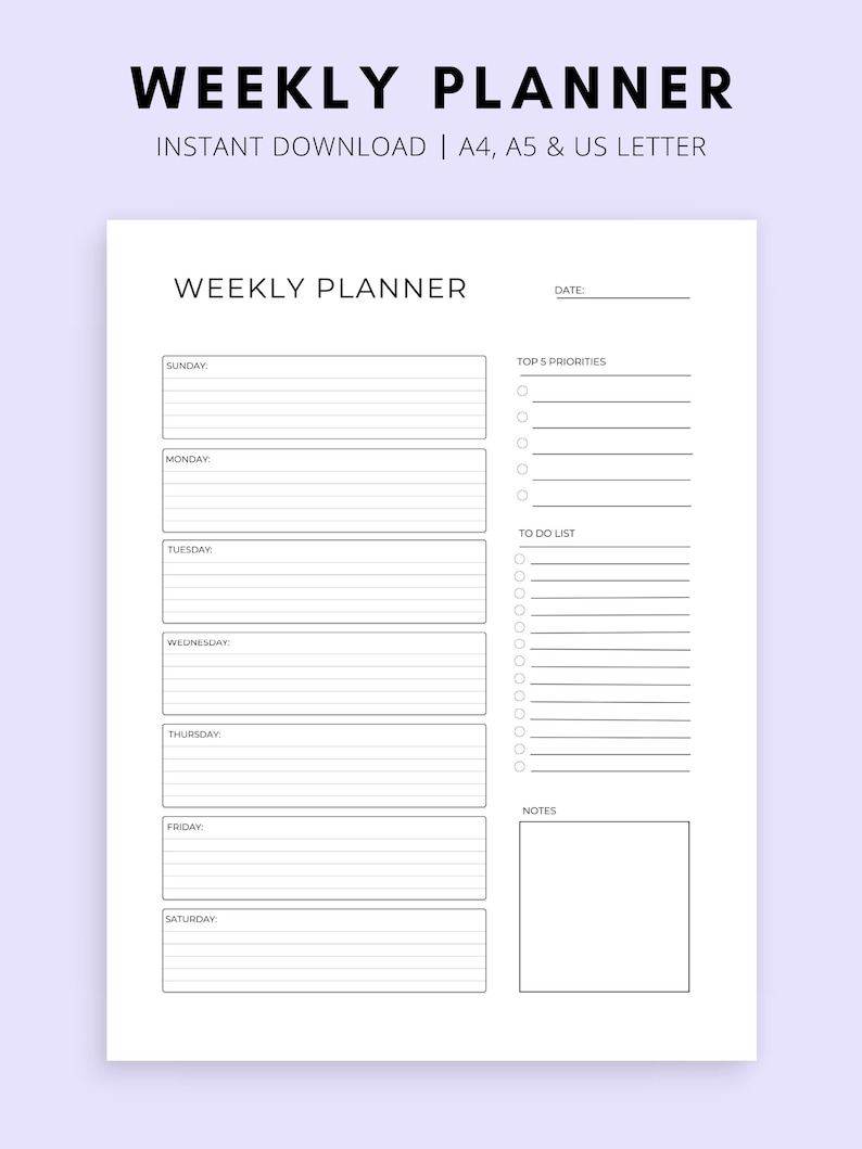 Simple Weekly Planner, Weekly to Do List, Weekly Planner PDF, Weekly ...