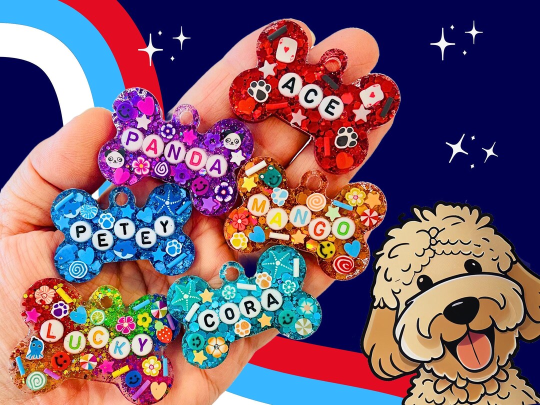 Custom Resin Glitter Dog Tag: Personalized Pet ID, Handmade Dog Collar ...