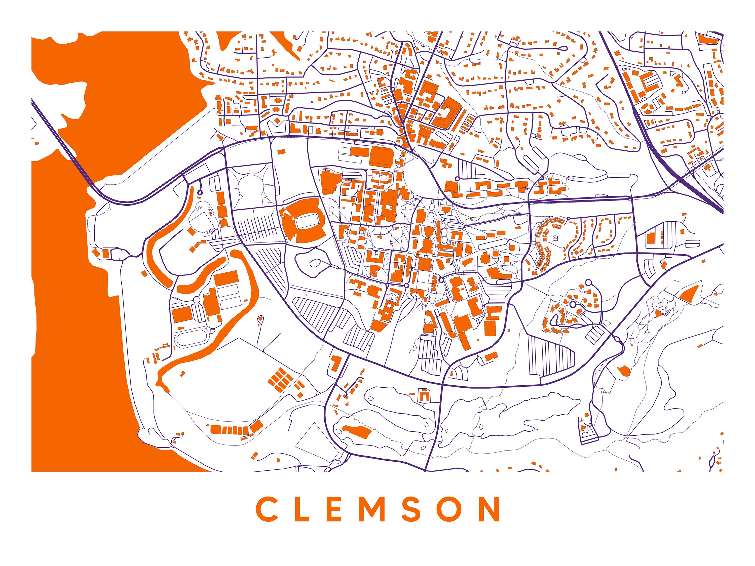 Clemson Campus Map Print, College Graduation Gift, Clemson Christmas ...