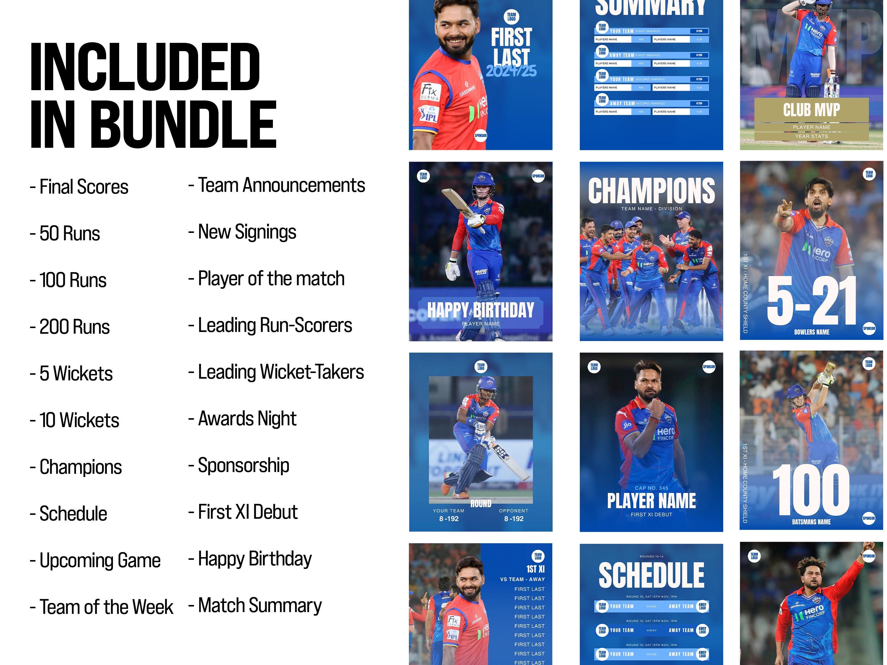 Sports Team Canva Templates - 20 Social Media Graphics for Cricket ...