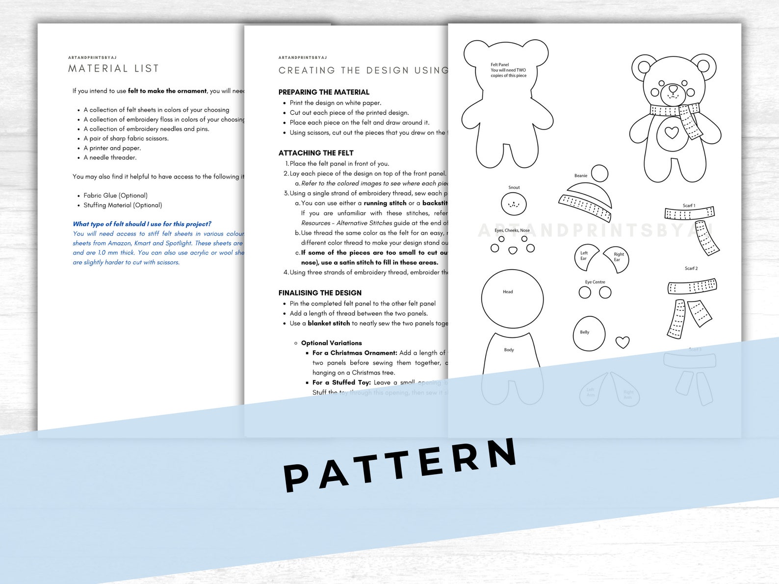 Felt Teddy Bear in Scarf Pattern Digital Template: Craft Your Own Cozy ...