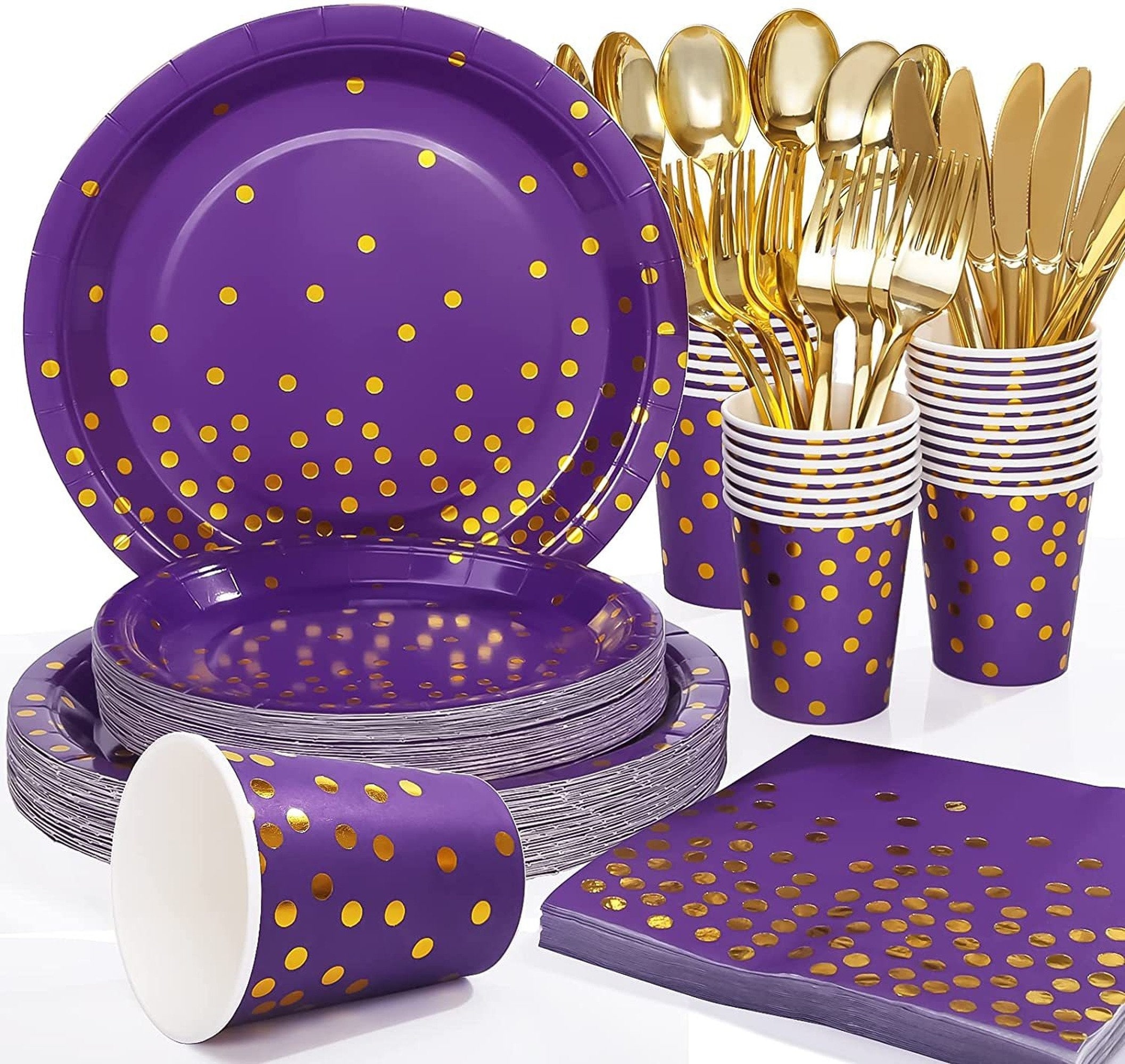 Purple Gold Party Tableware Plates Napkins Cups Silverware Wedding ...
