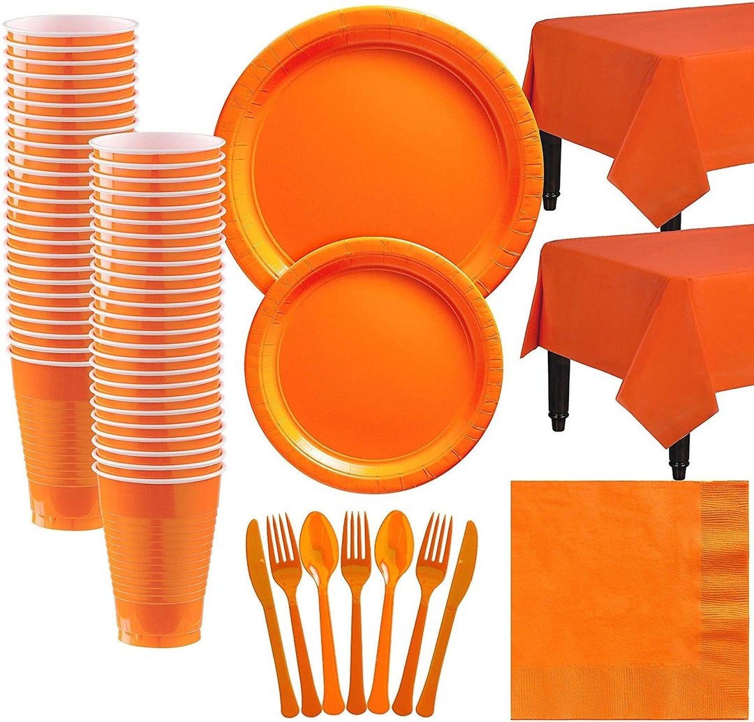 Orange Plastic Party Tableware Set Plates Cups Table Cover Napkin ...