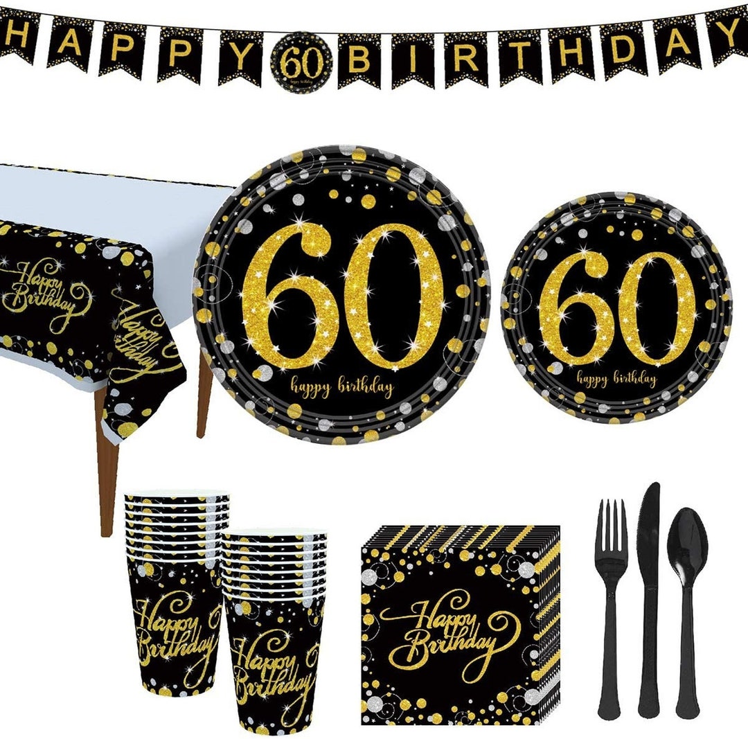 60th Birthday Party Tableware Black and Gold Disposable Dinnerware 60 ...