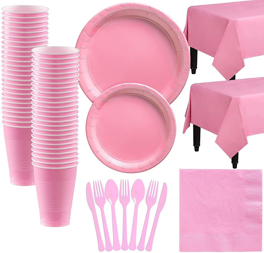 Pink Plastic Party Tableware Set Plates Cups Table Cover Napkin ...