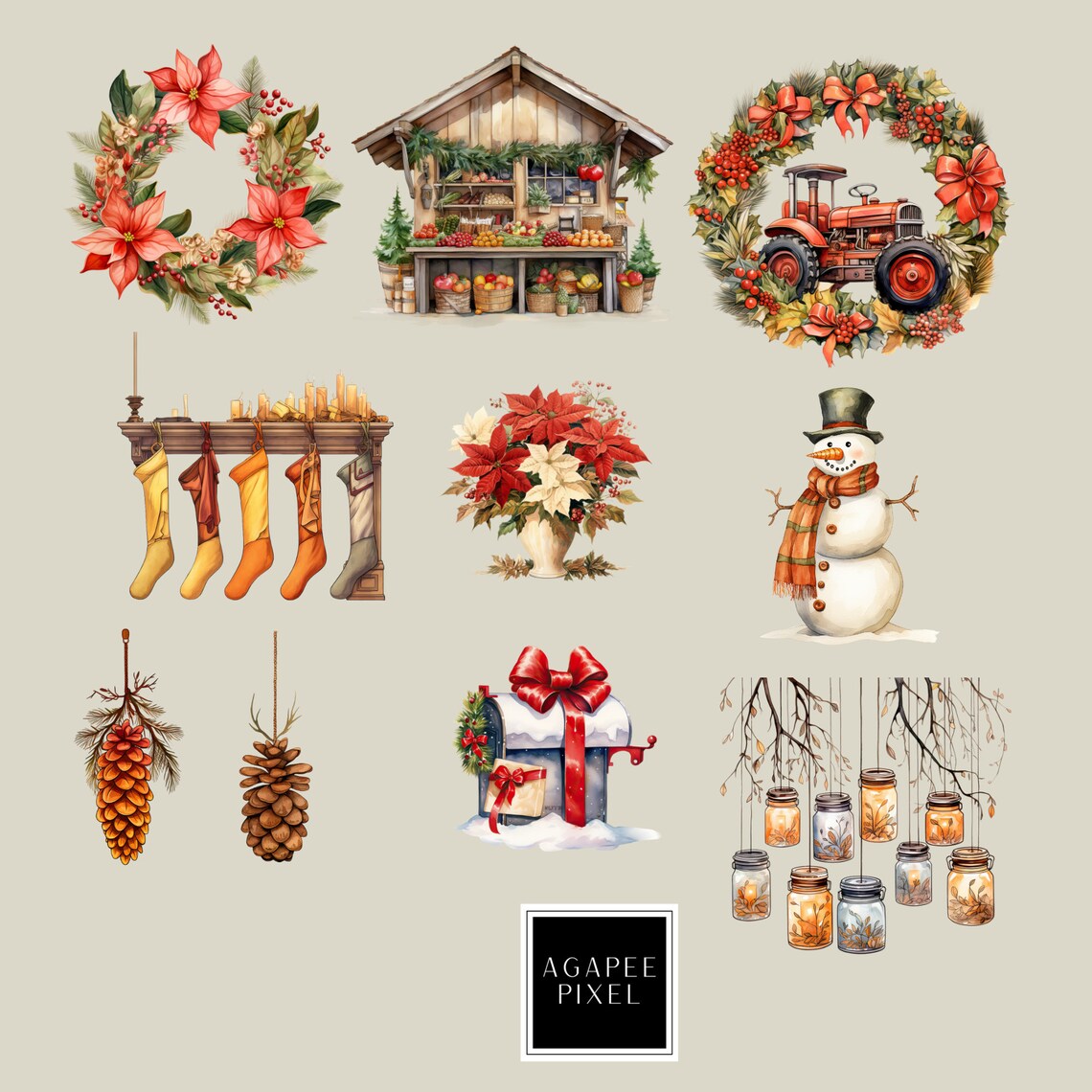 Christmas Market Clipart, Country Christmas Clipart for Sublimation ...